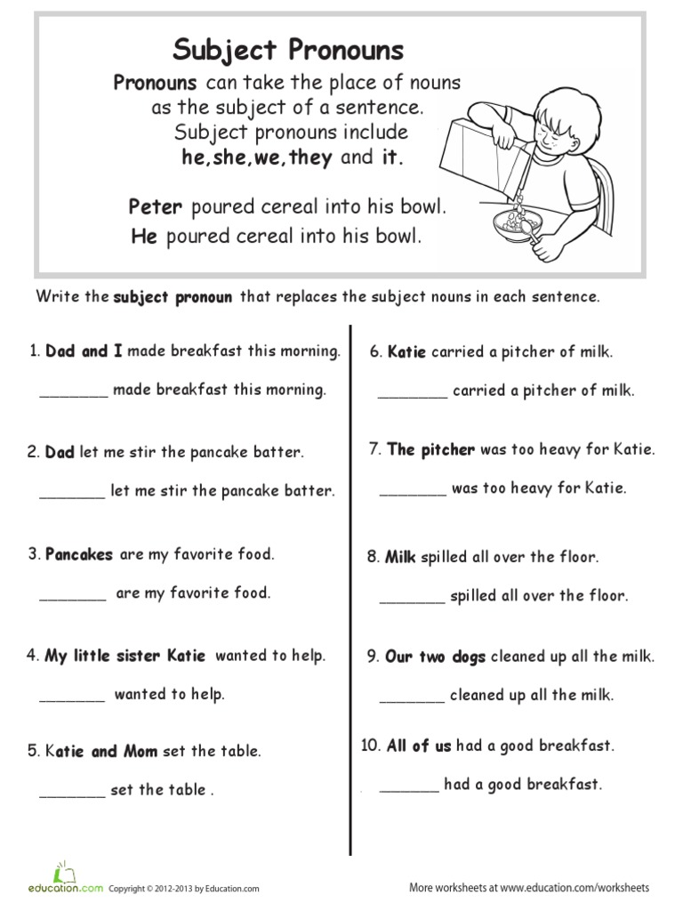 Subject Pronouns Worksheet For Grade 1