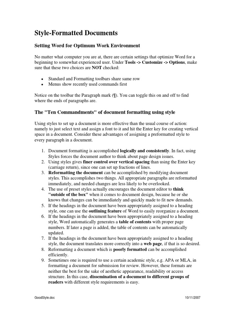 Style-Formatted Documents: Setting Word For Optimum Work Environment ... Style-Formatted Documents: Setting Word For Optimum Work Environment ...