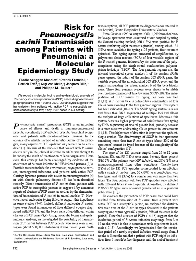 Pneumocystis Carinii Transmission: Risk For Among Patients With Pneumonia: A Molecular ...