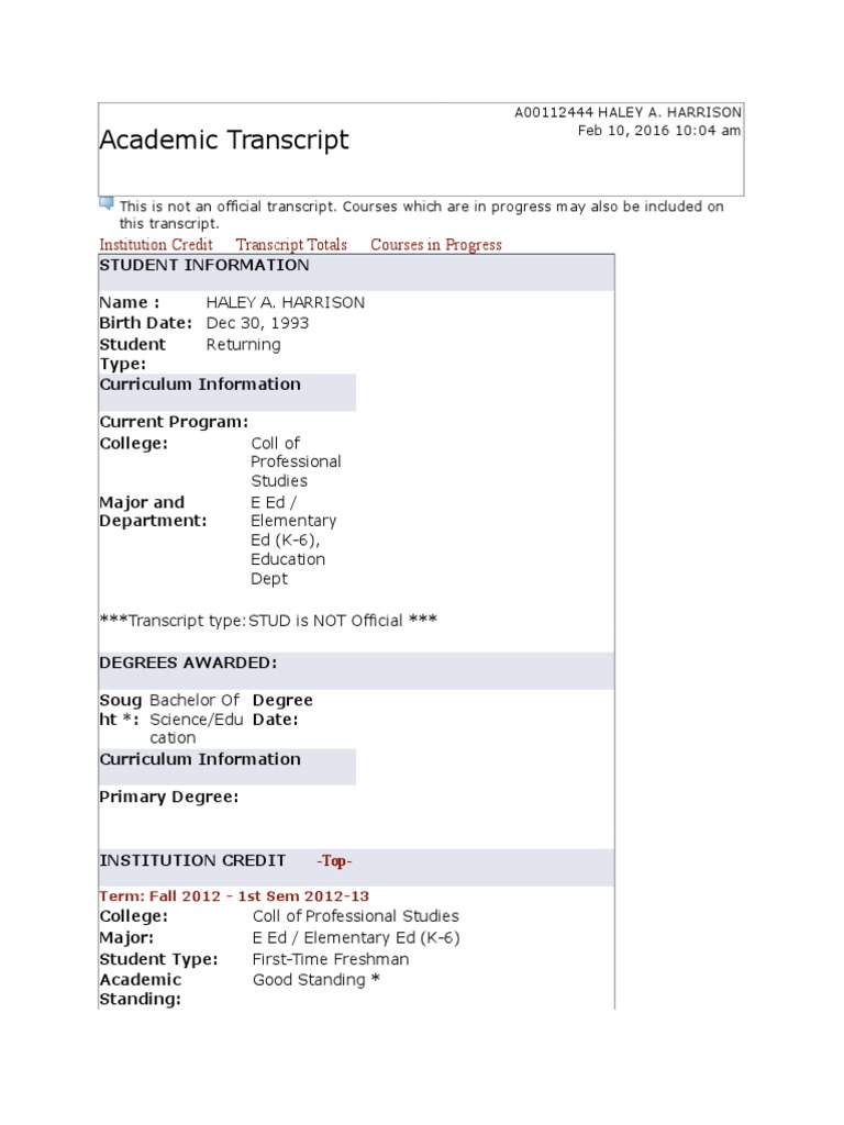 Academic Transcript: Institution Credit Transcript Totals Courses in ...