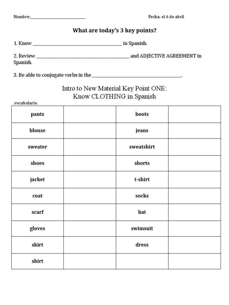 Intro To New Material Key Point ONE: Know CLOTHING in Spanish | PDF ...