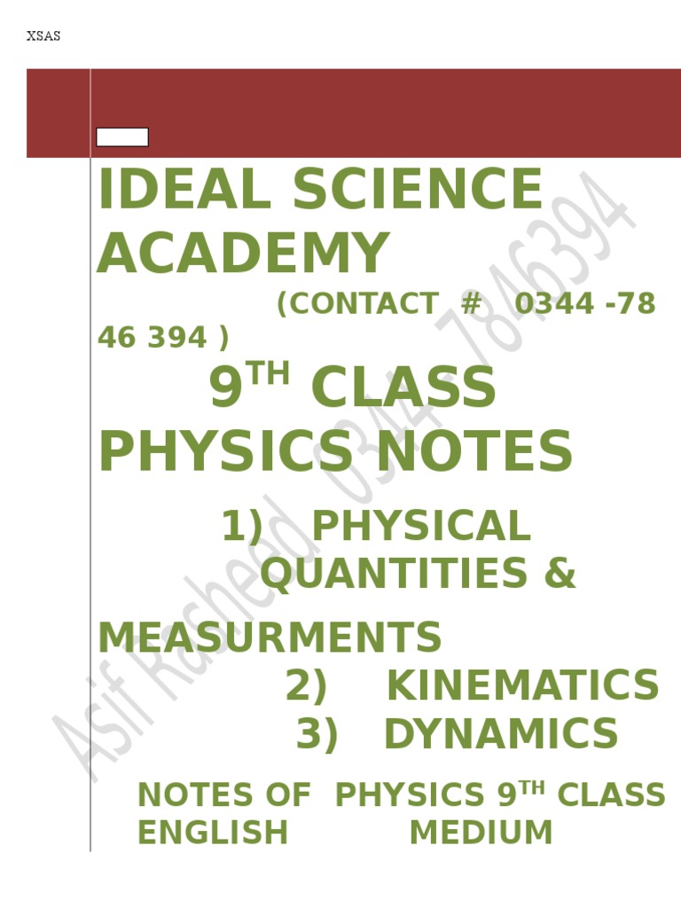 9th Class Physics Notes - Ideal Science Academy | PDF | Friction | Force