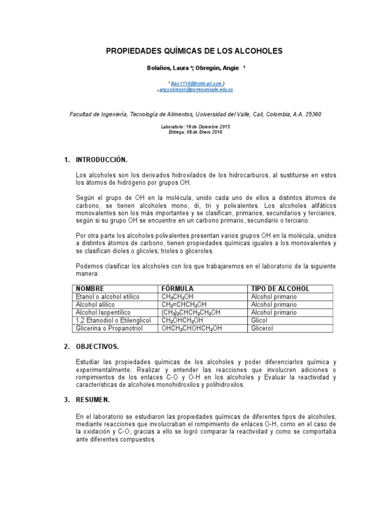 Propiedades Químicas de Alcoholes | PDF | Alcohol | Etileno