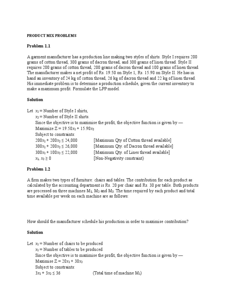 Product Mix Problems | PDF | Mathematical Optimization | Linear Programming