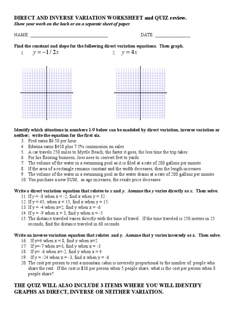Direct and Inverse Variation Worksheet | PDF | Teaching Mathematics ...