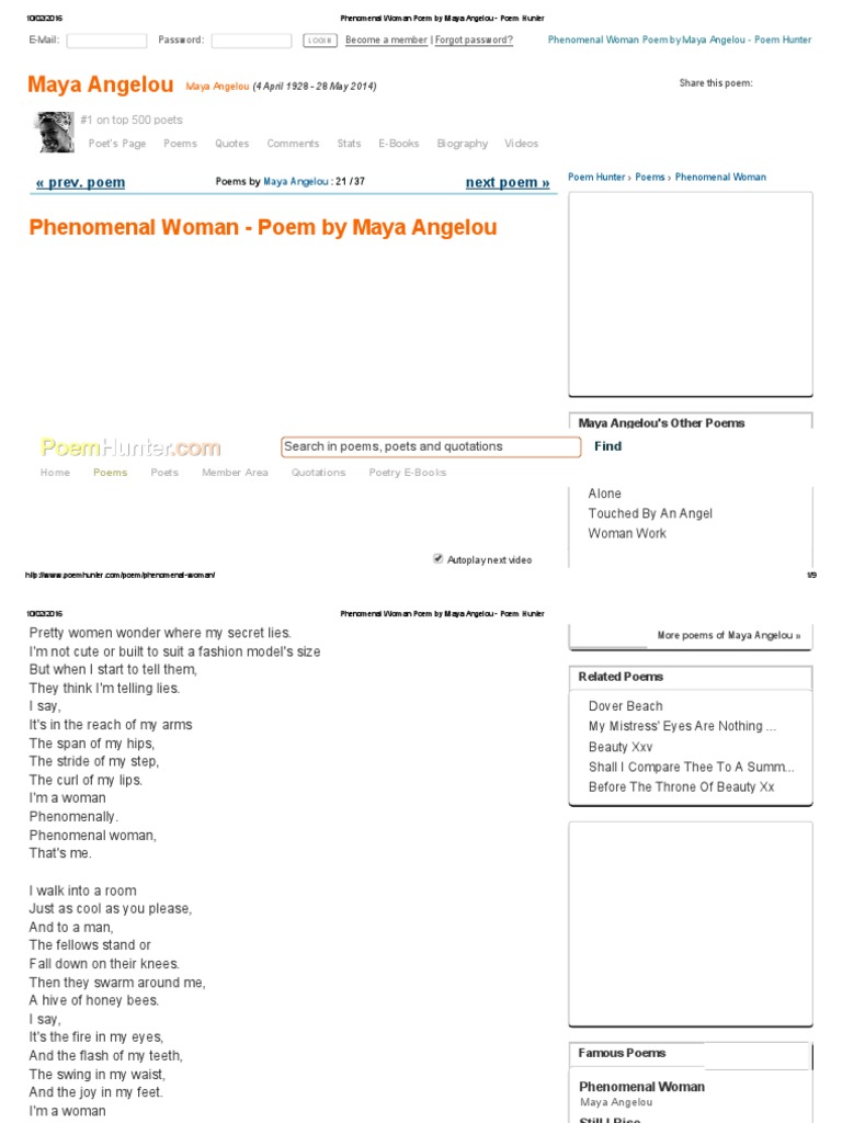 1 Phenomenal Woman Poem by Maya Angelou - Poem Hunter | PDF | Maya ...