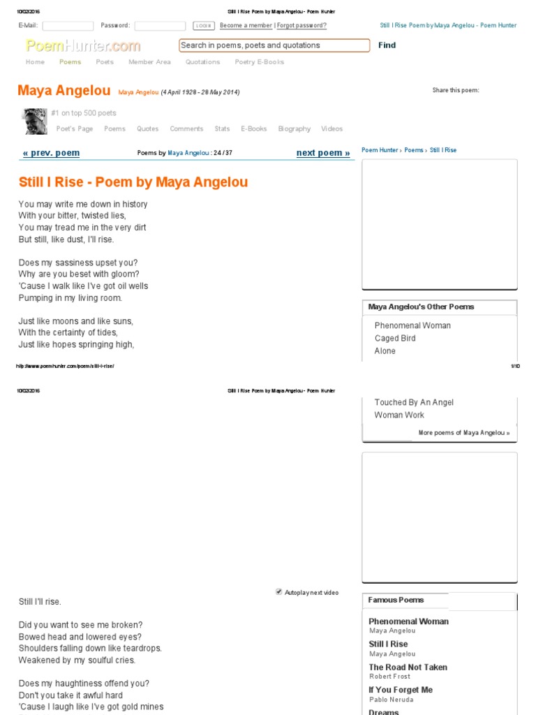 2 Still I Rise Poem by Maya Angelou - Poem Hunter | PDF | Maya Angelou ...