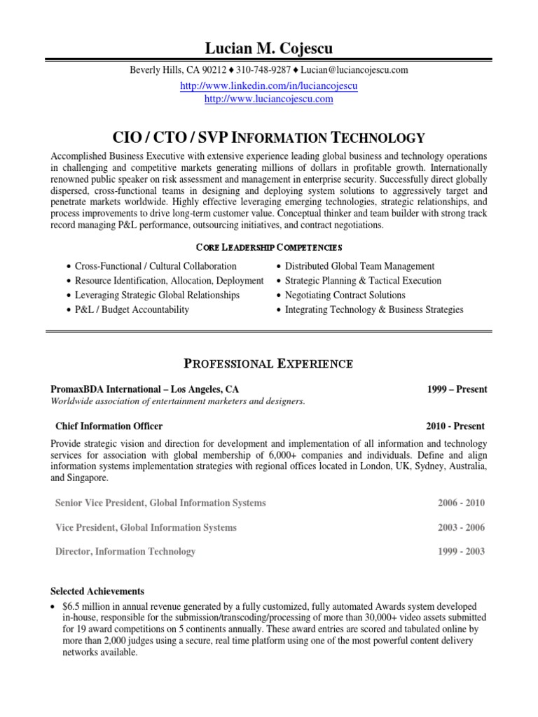 Chief Information Officer CIO in Los Angeles CA Resume Lucian Cojescu ...