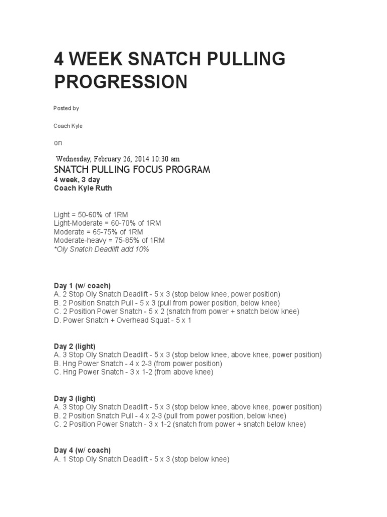 4-Week Snatch Pulling Program | PDF | Weight Training | Physical Exercise