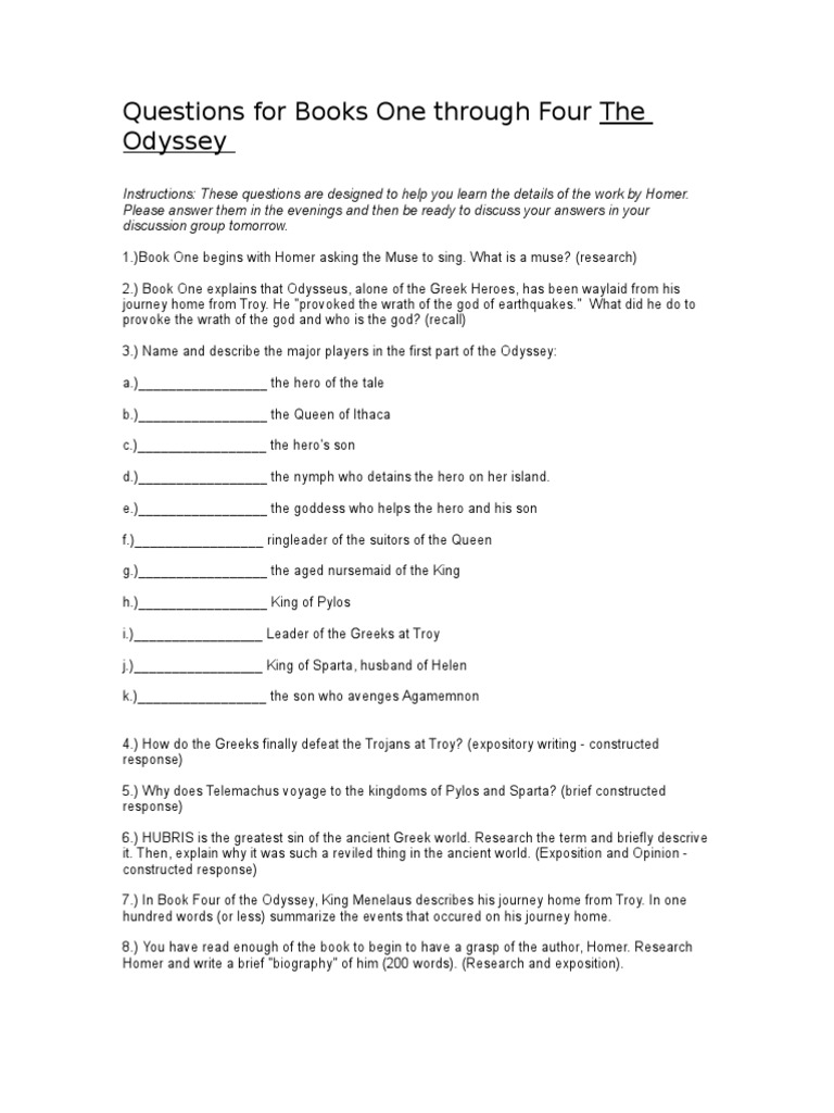 Odyssey Discussion Questions: Books 1-4 | PDF | Odyssey | Mythology