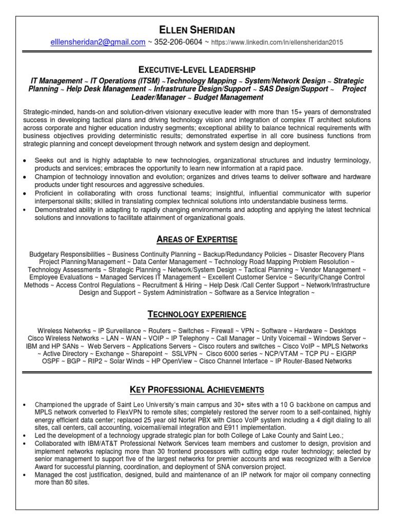 Director Information Technology Operations in Tampa ST Petersburg FL Resume Ellen Sheridan | PDF ...