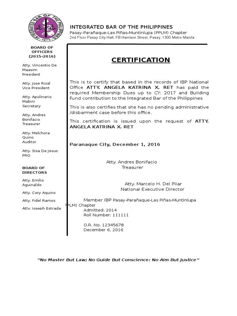 Integrated Bar of The Philippines Certificate SAMPLE | PDF | Social Science | Law