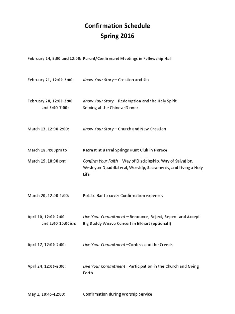 Spring 2016 Confirmation Schedule | PDF | Cooking, Food & Wine
