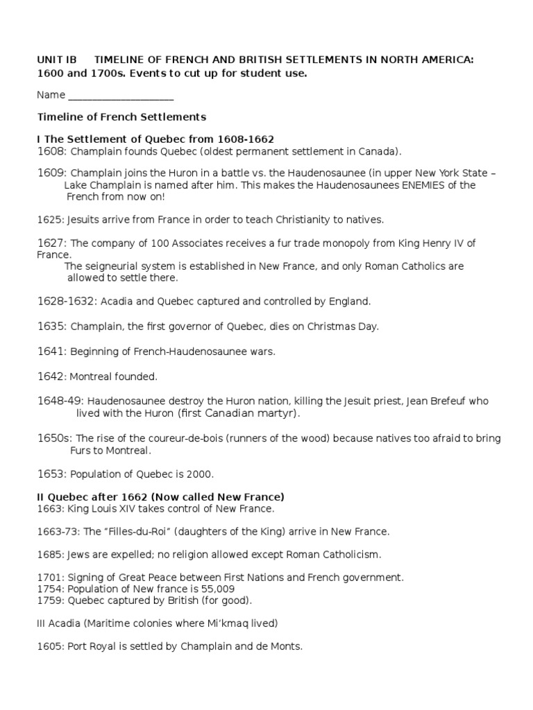 Timeline of French and British Settlement | PDF | New France | North ...