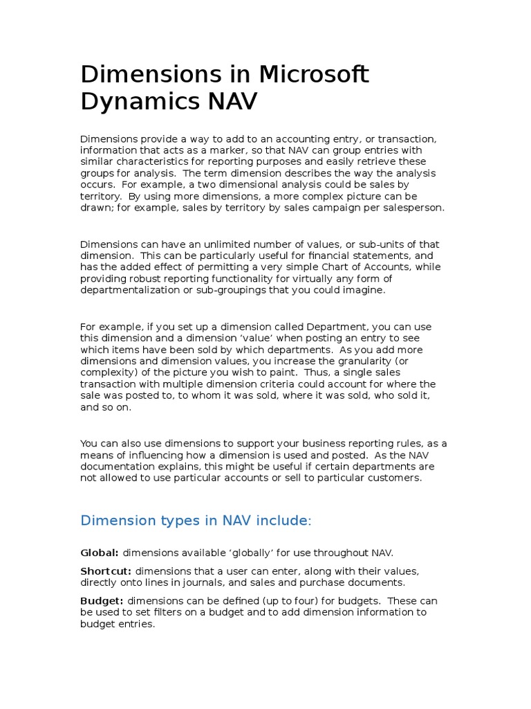 Dynamics NAV Dimensions Guide | PDF | Financial Transaction | Sales