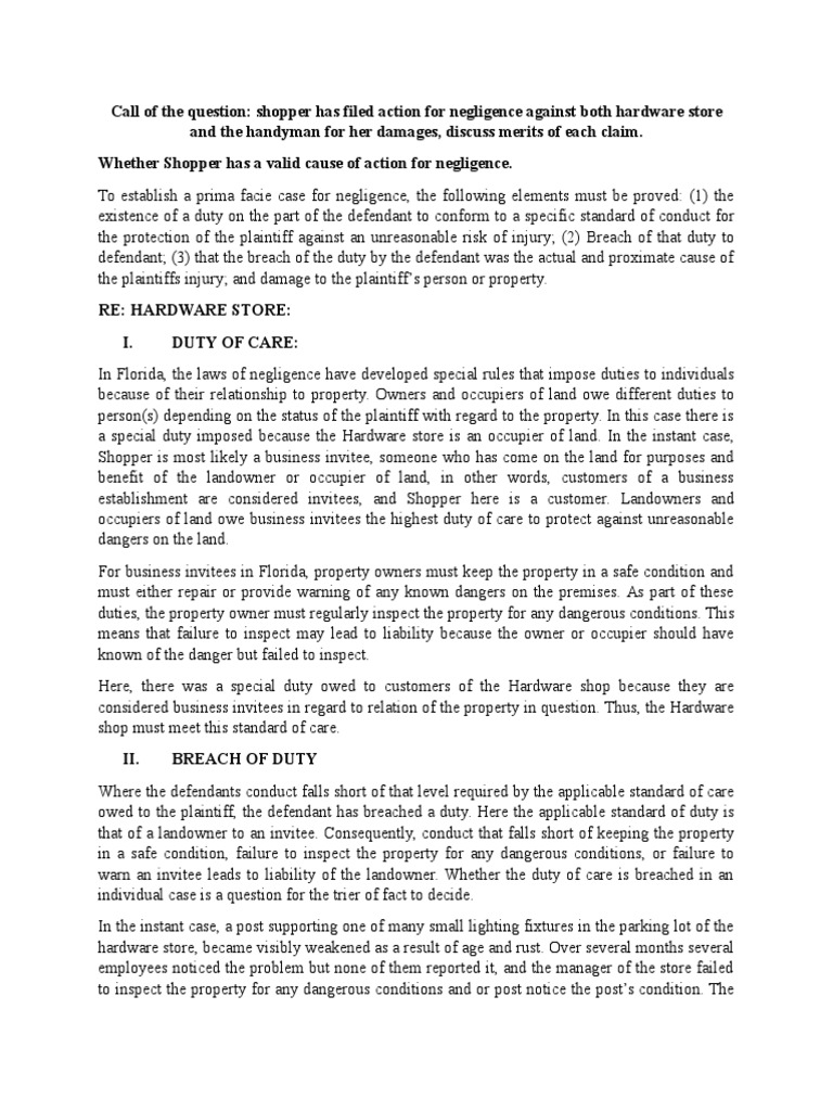 Adv Legal Writing Hardware Store | PDF | Negligence | Causation (Law)