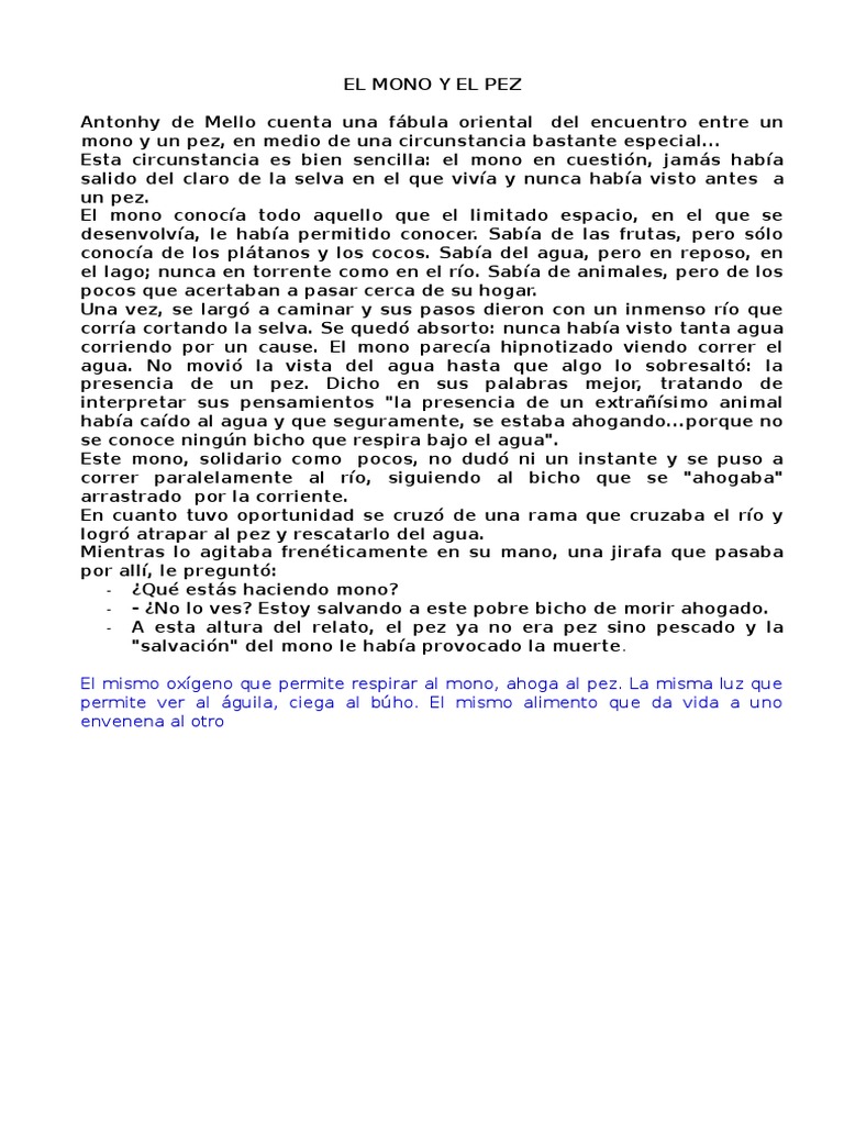 Documentos-Lecturas, Cuentitos y Fábulas-EL MONO Y EL PEZ | PDF | Pescado | Ocio