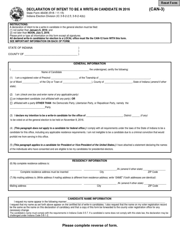 Indiana Declaration of Intent To Be A Write-In Candidate in 2016 | PDF ...