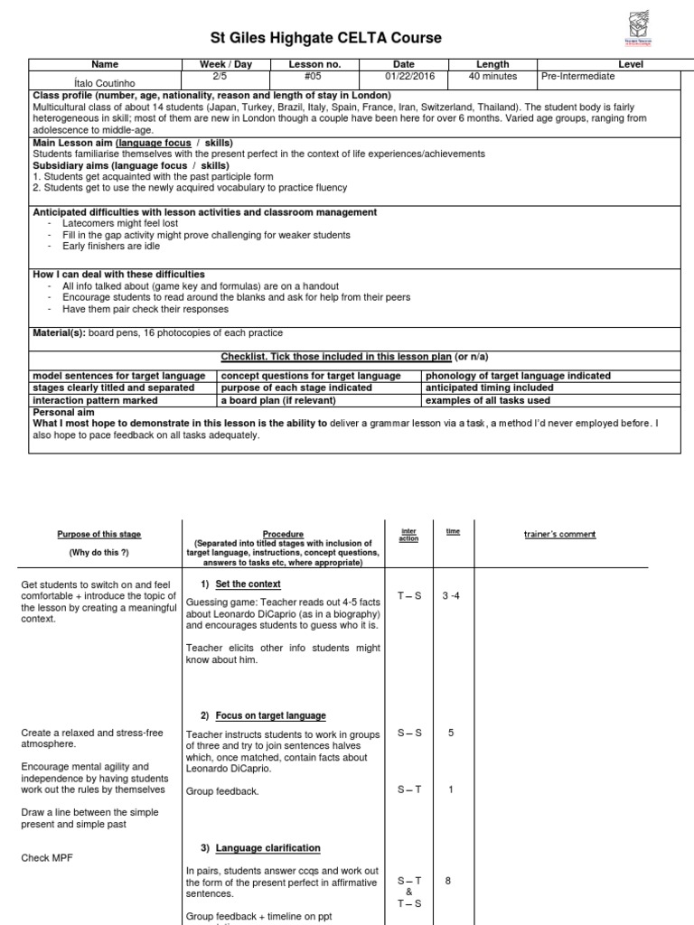 Celta Lesson Plan On Present Perfect Pdf Lesson Plan Second Language