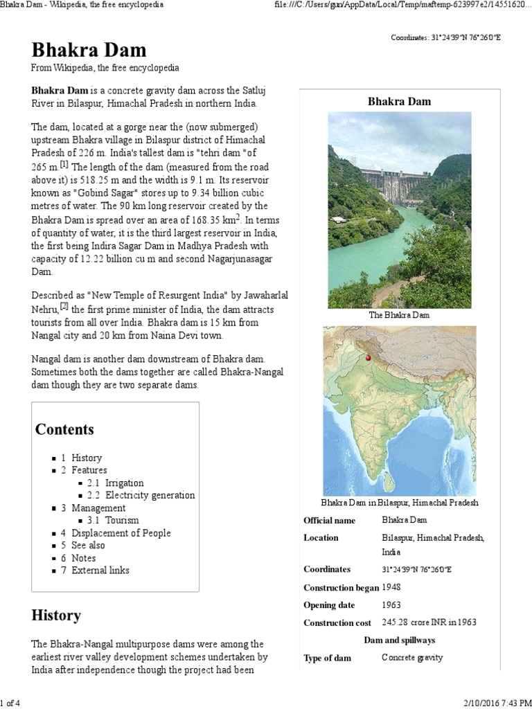 Bhakra Dam - Wikipedia, The Free Encyclopedia | PDF | Water And ...