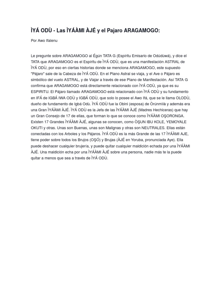 Ìyá Odù - Las Ìyáàmi Àjé y El Pajaro Aragamogo | PDF | Santeria ...