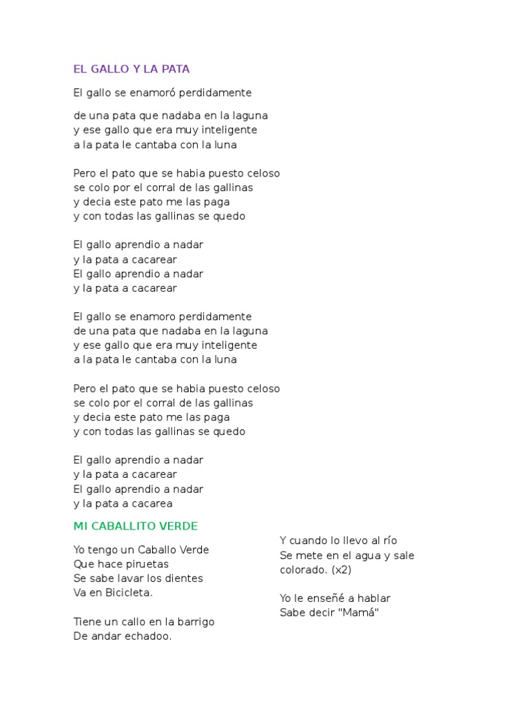 El Gallo y la Pata: Canción Infantil | PDF | Pollo | Helado