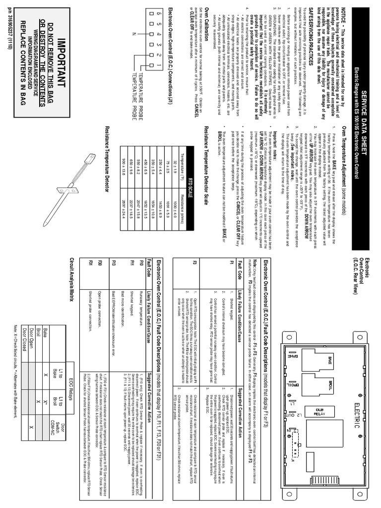 Frigidaire 30'' Freestanding Electric Range - Service Data Sheet | PDF ...