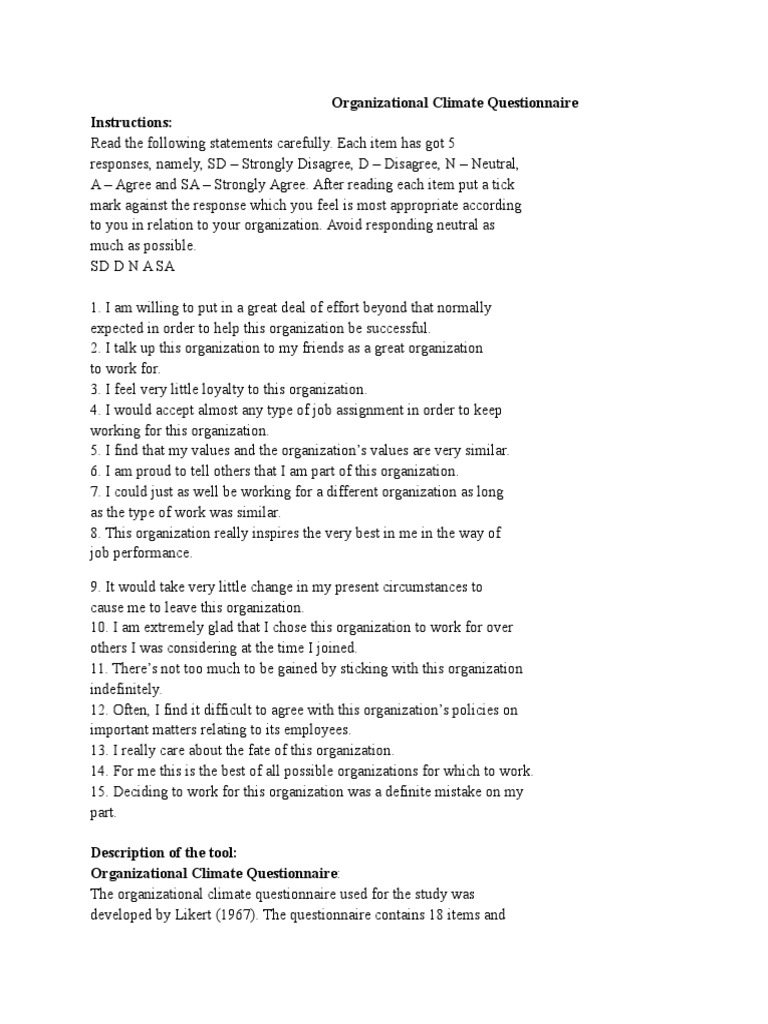 Organizational Climate Questionnaire - Rensis Likert | PDF | Leadership ...