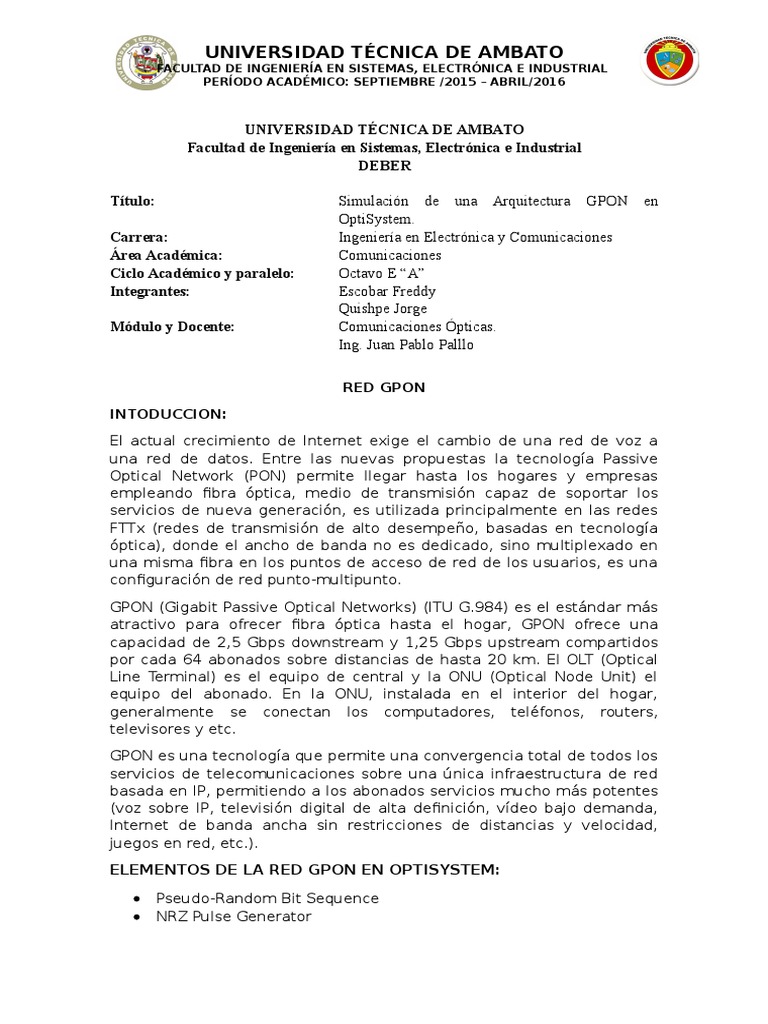 Simulación de Red GPON en OptiSystem | PDF | Electrónica | Telecomunicaciones
