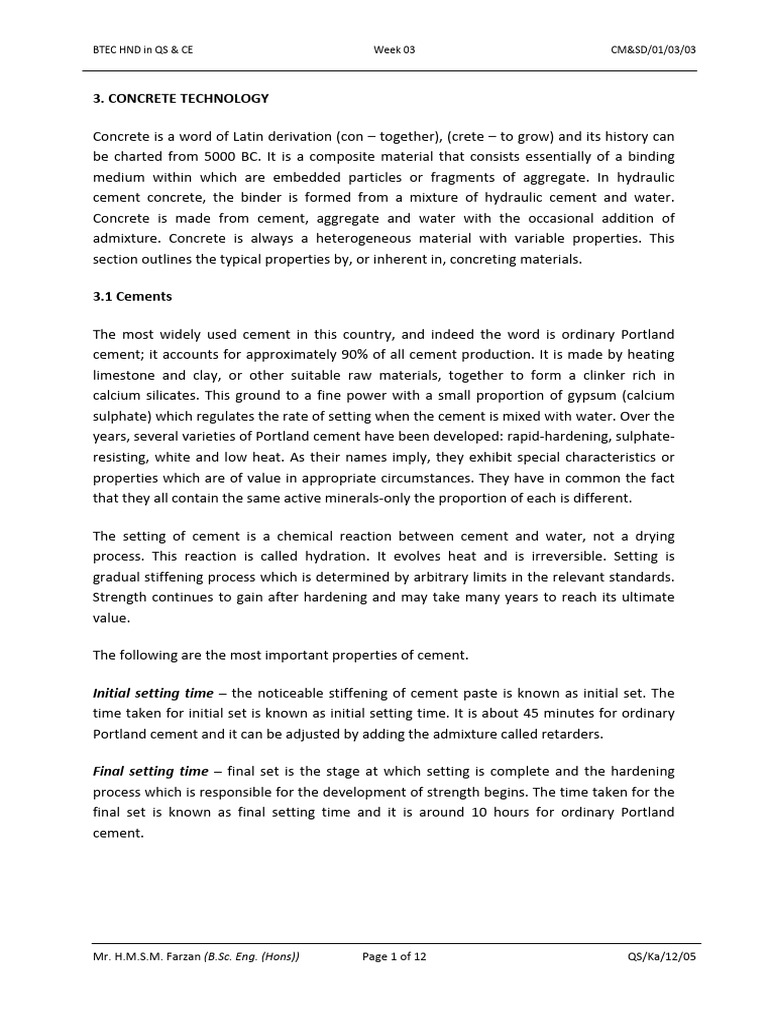 Construction Material Lecture Note | PDF | Sand | Concrete