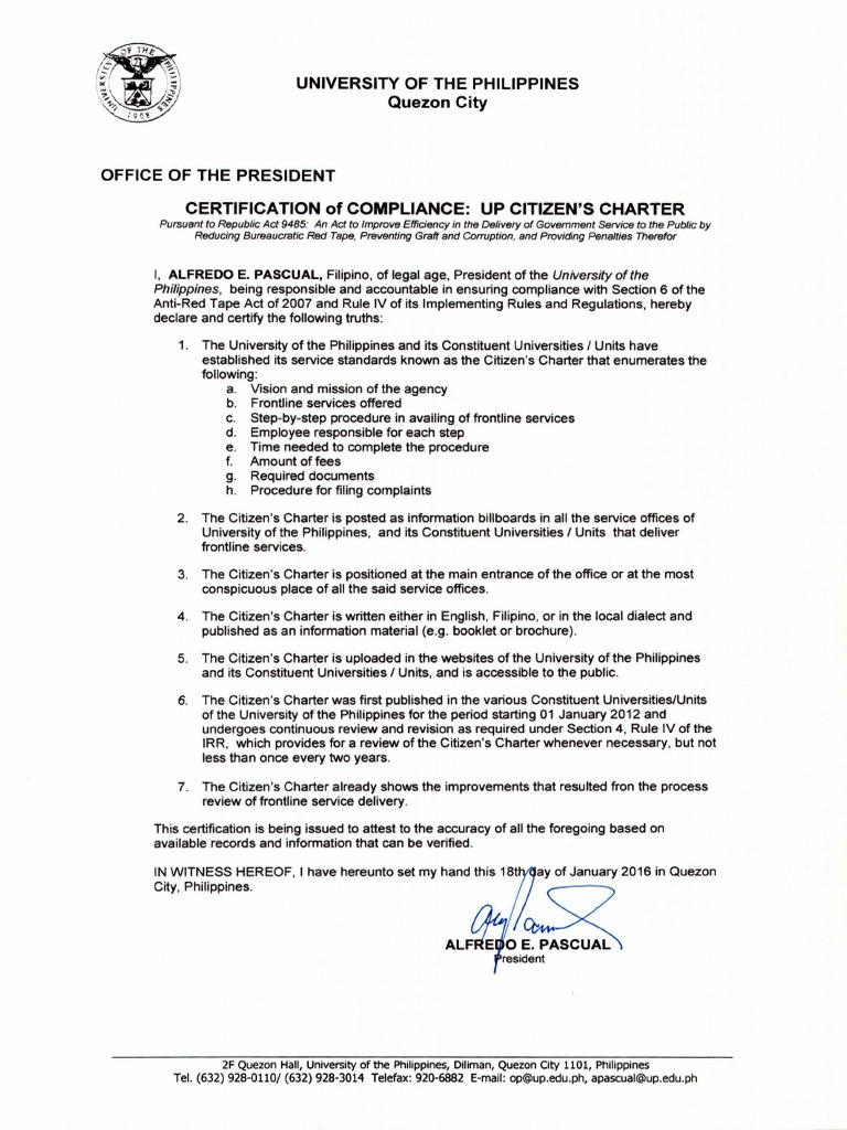 2016 Certificate of Compliance UP Citizens Charter ARTA | Regulatory ...