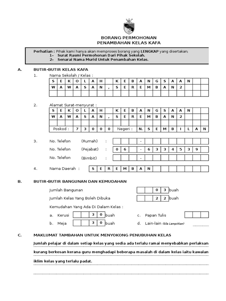 Borang B Penambahan Kelas Kafa | PDF