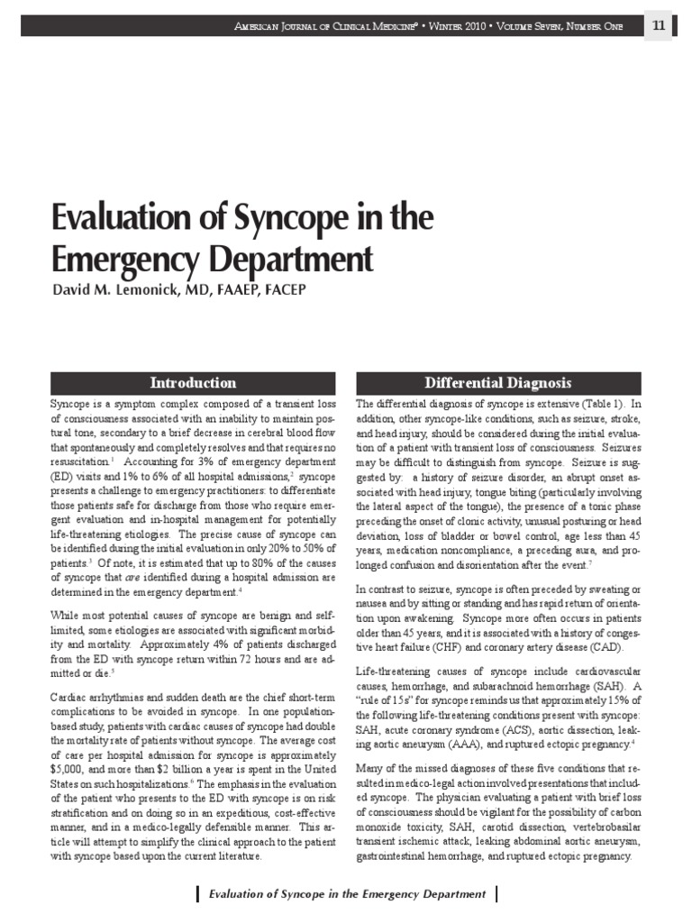 Evaluation of Syncope in The Emergency Department: Differential ...