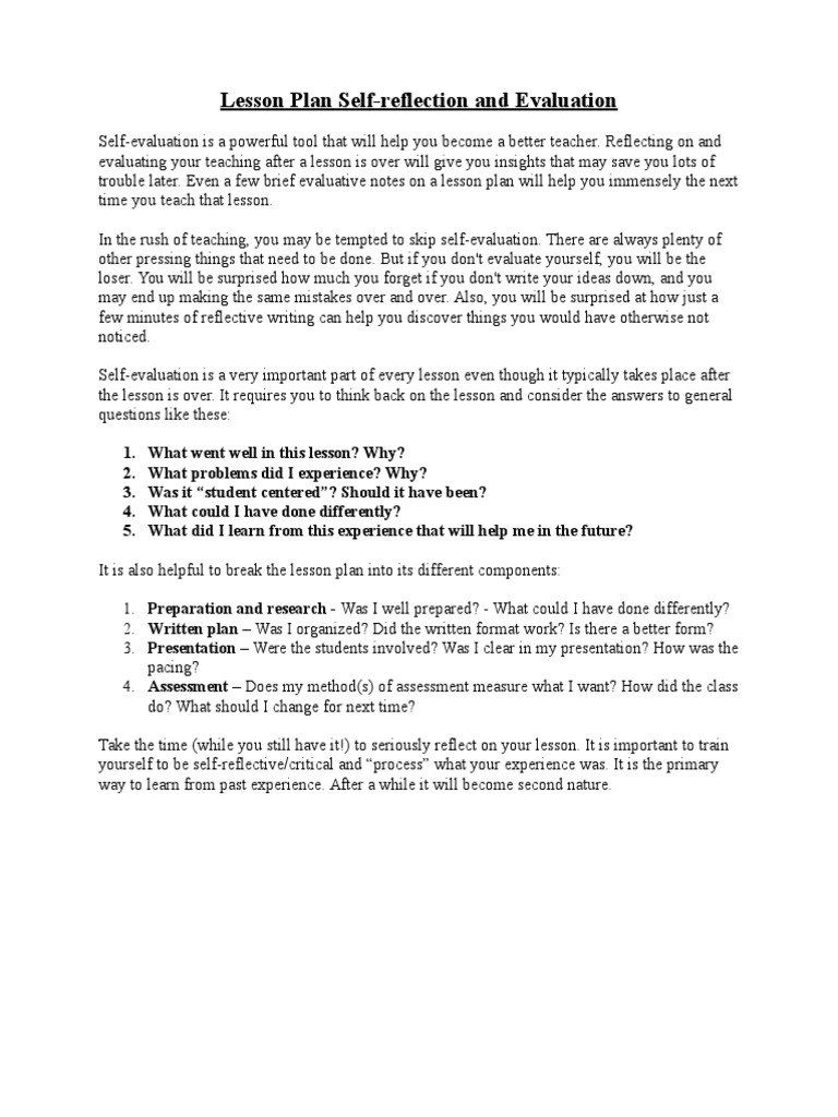 Lesson Plan Self Reflection and Assessment | Lesson Plan | Educational ...