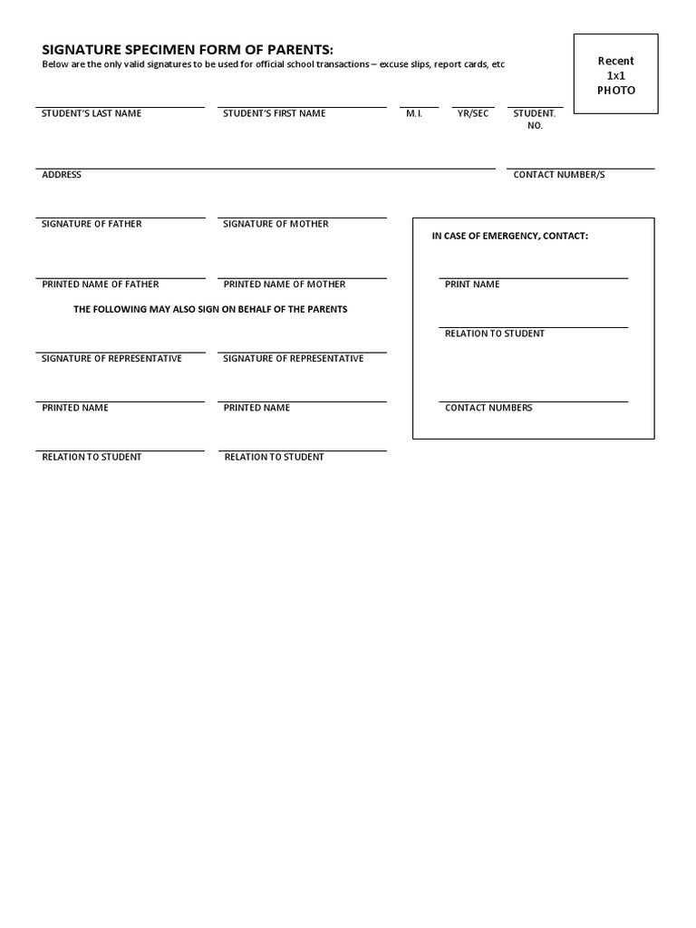 Parent Signature Specimen Form | PDF