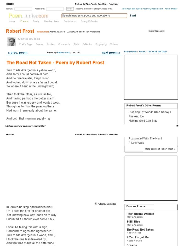3 The Road Not Taken Poem by Robert Frost - Poem Hunter | PDF | Poetry