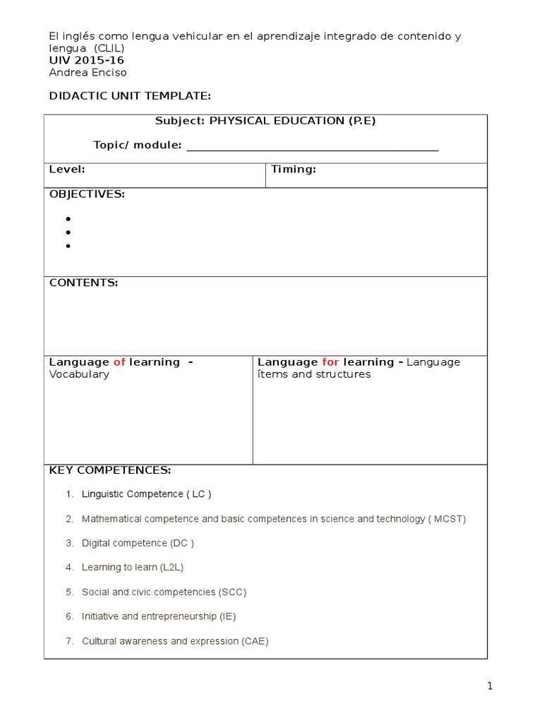Didactic Unit Template 1 | PDF