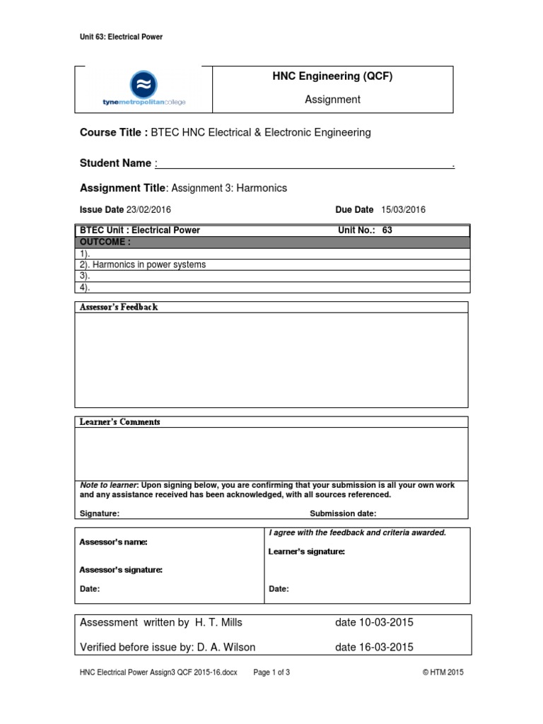 HNC Electrical Power Assign3 QCF 2015-16 | PDF | Electric Power System | Educational Assessment