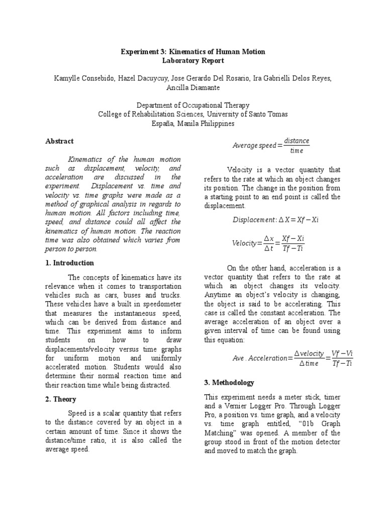 Kinematics Experiment on Human Motion | PDF | Velocity | Acceleration