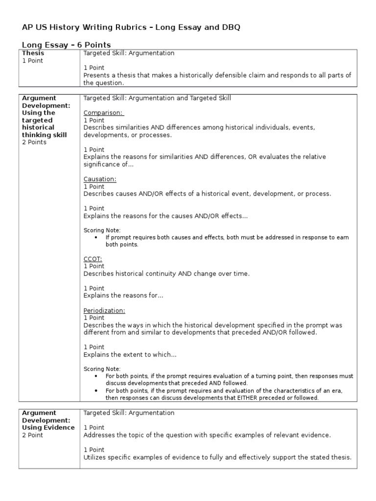 AP US History Writing Rubrics - Long Essay and DBQ Long Essay - 6 ...