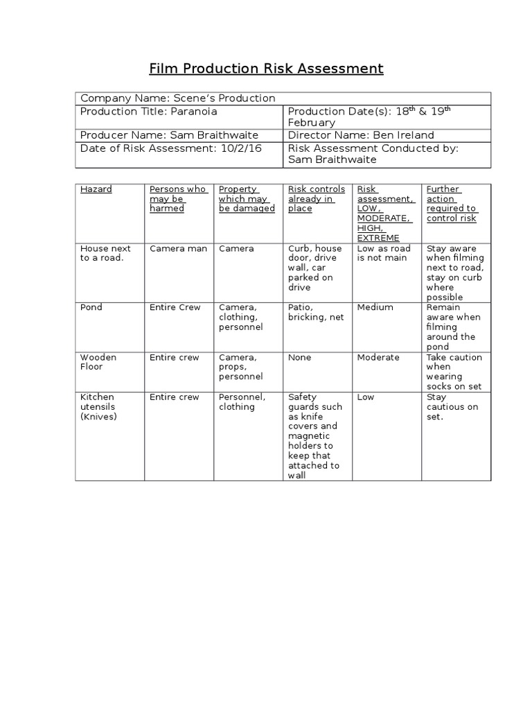 Film Production Risk Assessment | PDF