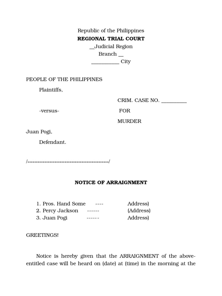 Notice of Arraignment - Sample | PDF