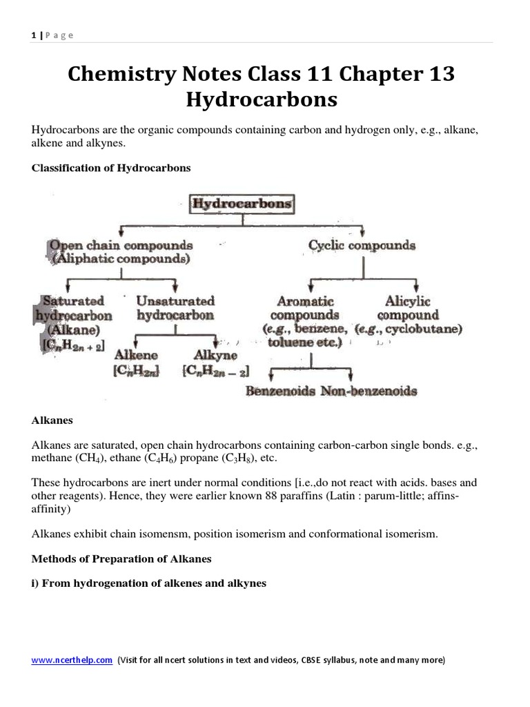 Chemistry Notes Class 11 Chapter 13 Hydrocarbons | PDF | Alkene | Alkane