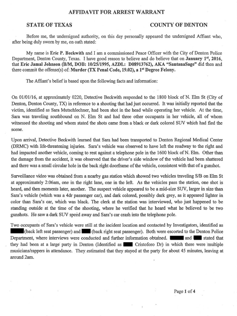 Eric Jamal Johnson Arrest Warrant Affidavit | PDF