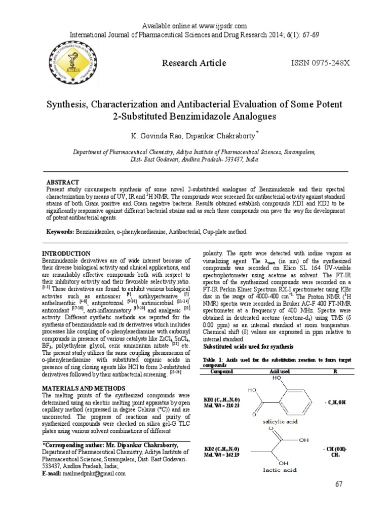Synthesis, Characterization and Antibacterial Evaluation of Some Potent 2-Substituted ...