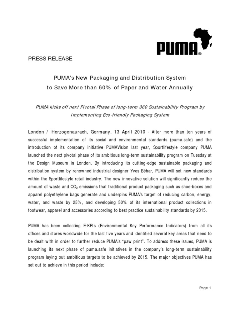 Press Release PUMA's New Packaging and Distribution System To Save More ...