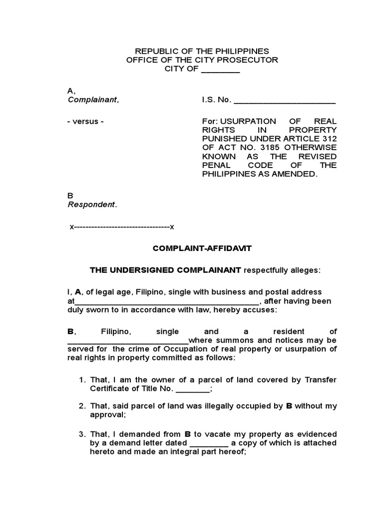 Complaint Affidavit Art 312 | Crimes | Crime & Justice