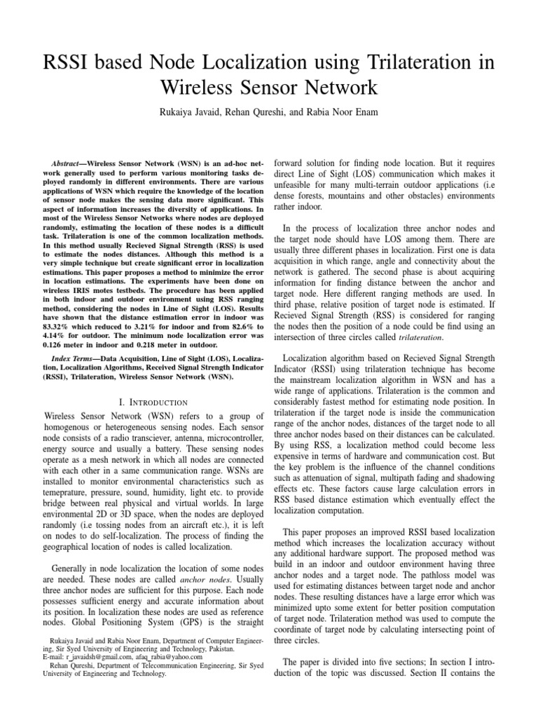 Rssi Based Node Localization Using Trilateration In Wsn Revised Pdf Wireless Sensor Network