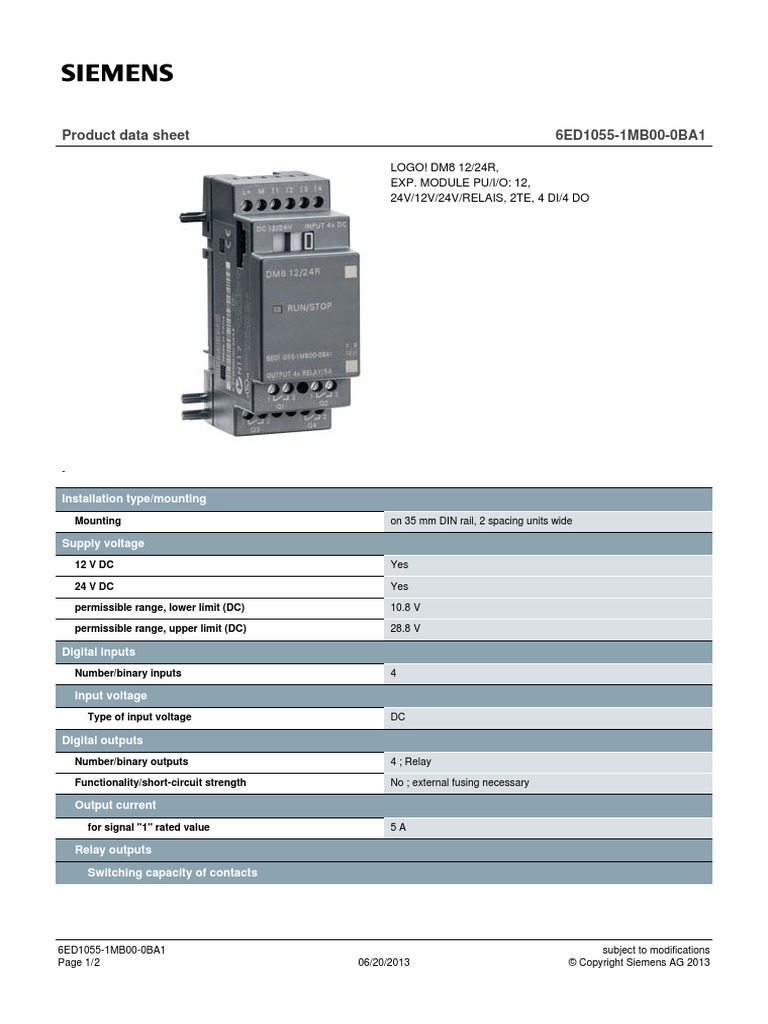 Product Data Sheet 6ED1055-1MB00-0BA1: LOGO! DM8 12/24R, Exp. Module Pu/I/O: 12, 24V/12V/24V ...