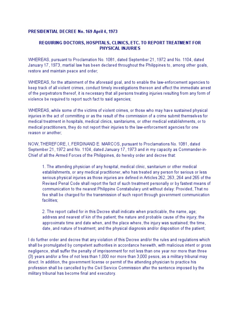 Reporting Injuries Under PD 169 | PDF | Violence | Physician